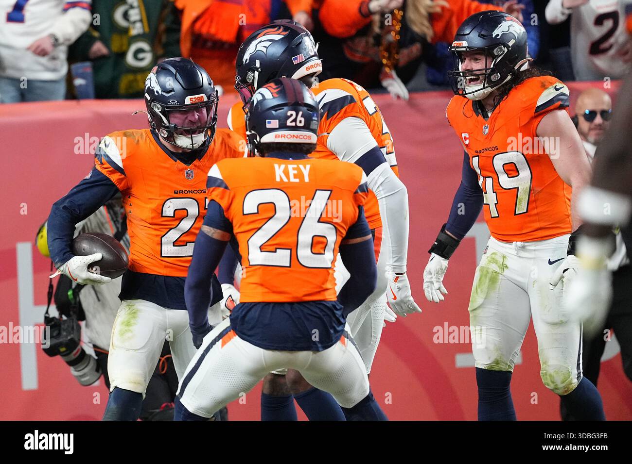 Denver Broncos cornerback Riley Moss (21) celebrates an interception ...