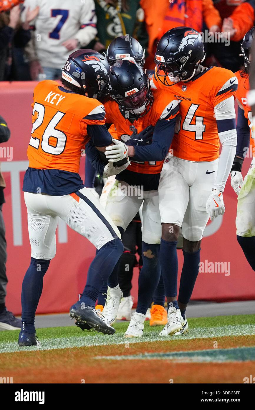 Denver Broncos cornerback Riley Moss (21) celebrates an interception ...