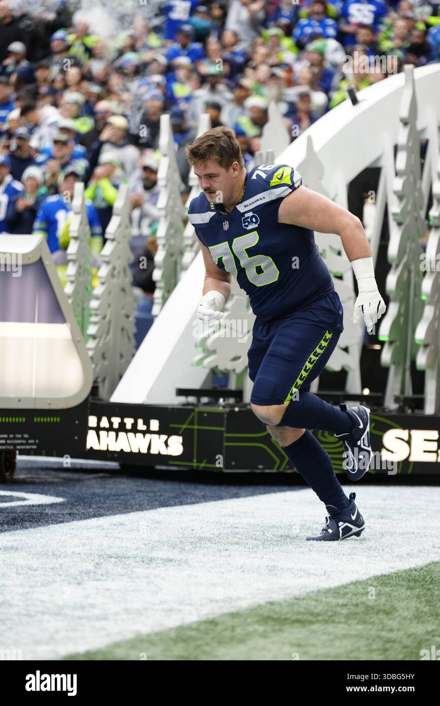 Seattle Seahawks guard Grey Zabel (76) runs out onto the field before ...