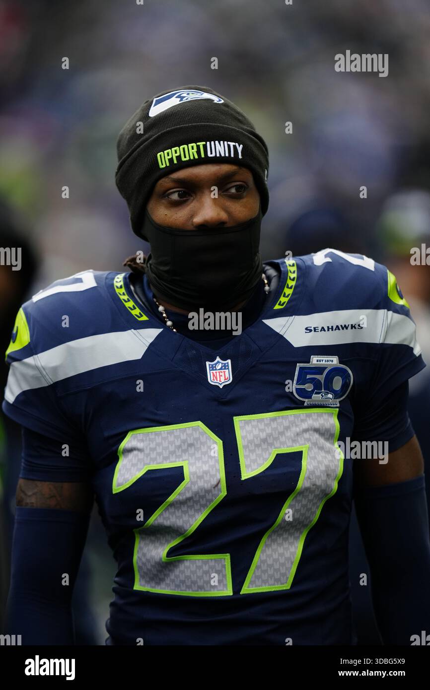 Seattle Seahawks cornerback Riq Woolen (27) looks on before an NFL ...