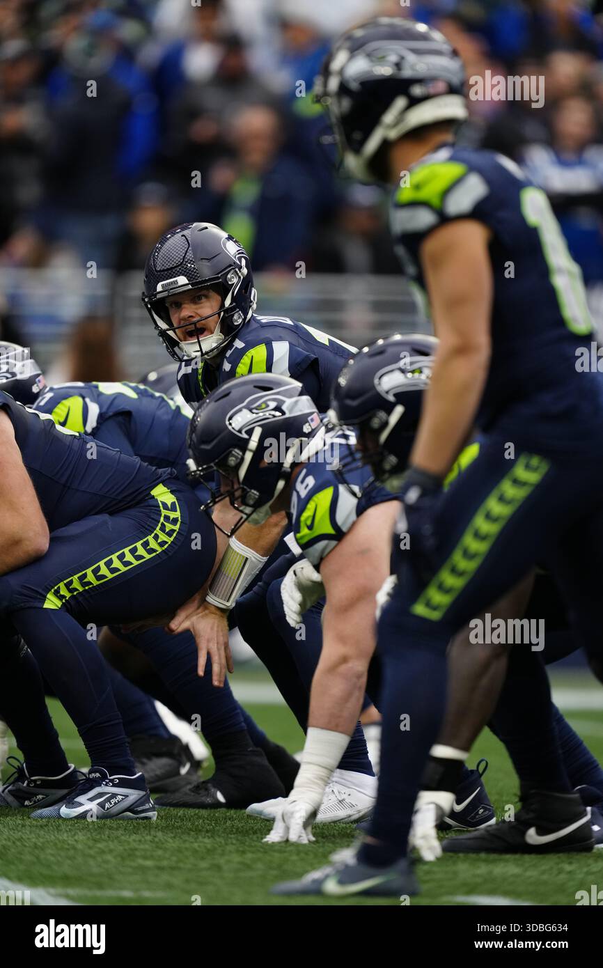 Seattle Seahawks quarterback Sam Darnold (14) gets set during an NFL ...
