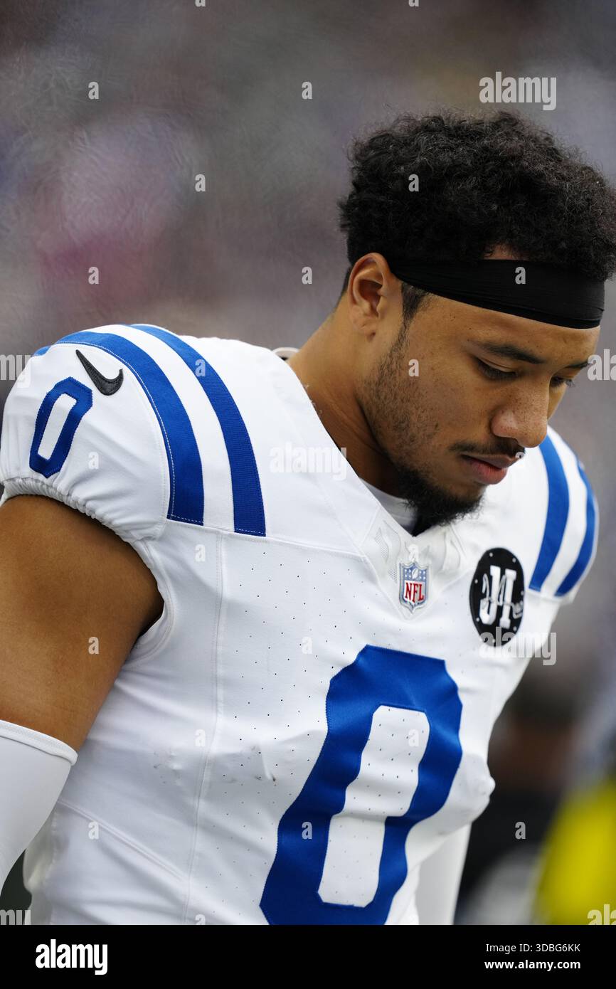 Indianapolis Colts safety Cam Bynum (0) looks down during an NFL ...