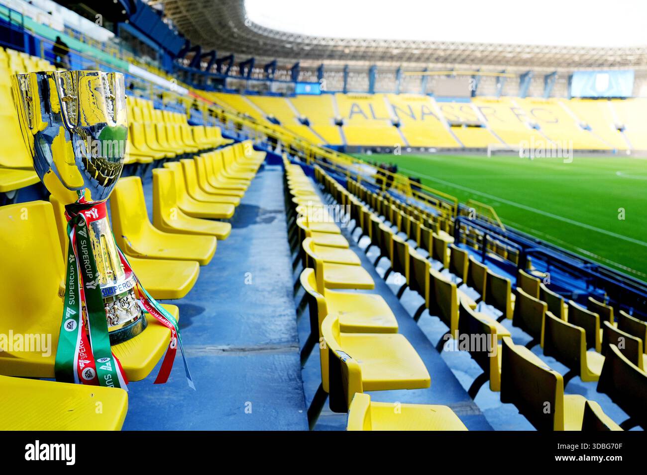 The Italian Super Cup trophy arriving at Al-Awwal Park Stadium in ...