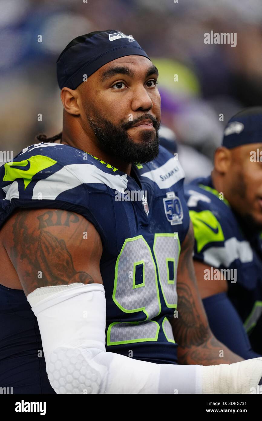 Seattle Seahawks defensive end Leonard Williams (99) looks on during an ...