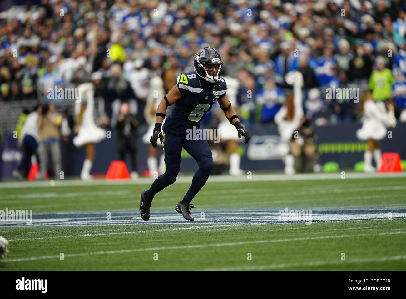 Seattle Seahawks safety Coby Bryant (8) gets set during an NFL football ...