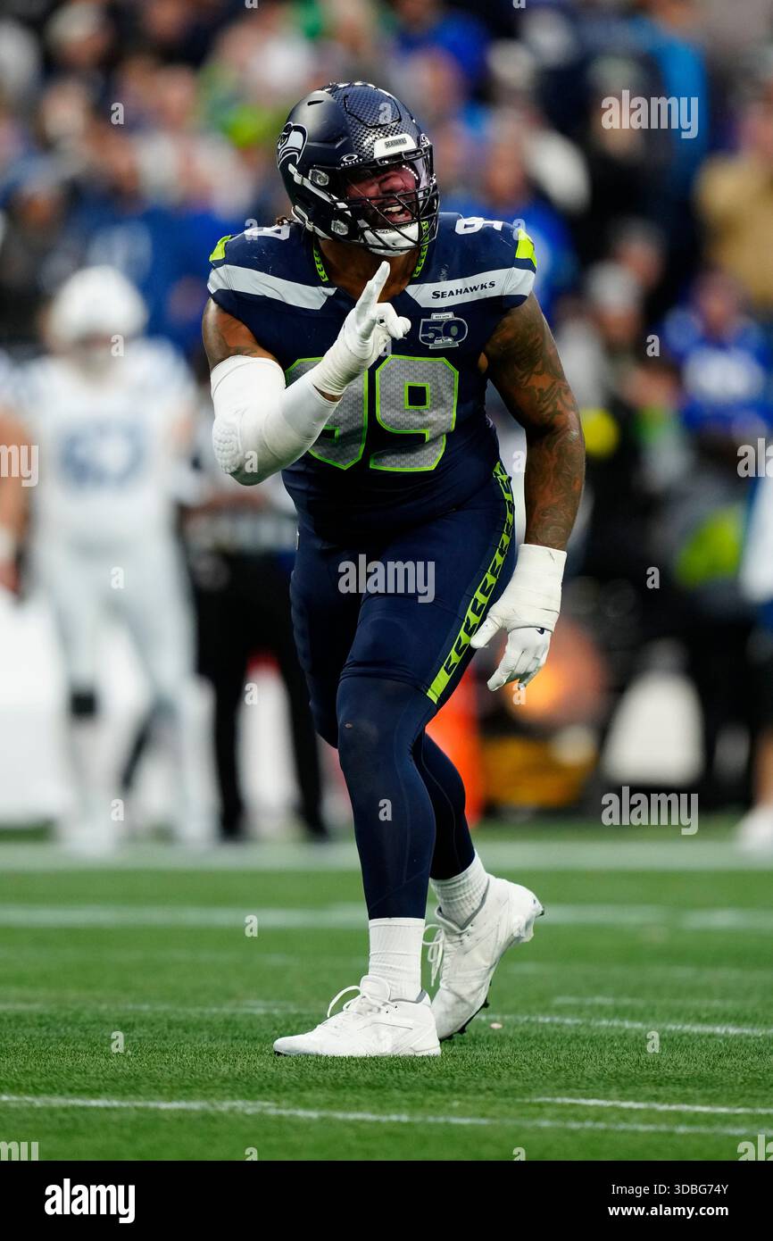 Seattle Seahawks defensive end Leonard Williams (99) gets set during an ...