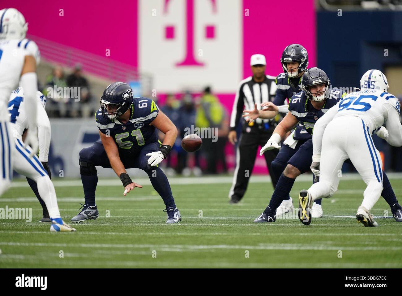 Seattle Seahawks center Jalen Sundell (61) gets set as quarterback Sam ...
