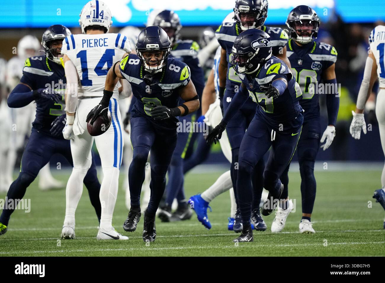 Seattle Seahawks safety Coby Bryant (8) celebrates after making an ...