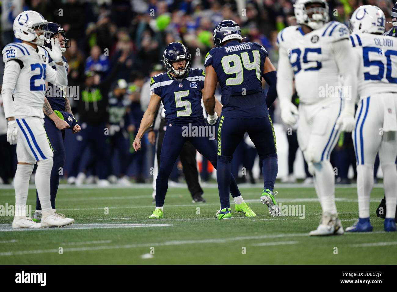 Seattle Seahawks place-kicker Jason Myers (5) celebrates with defensive ...