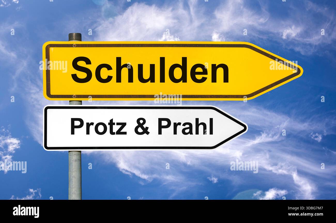 Schulden Ein Wegweiser ist beschriftet mit dem Aufdruck Schulden und ...