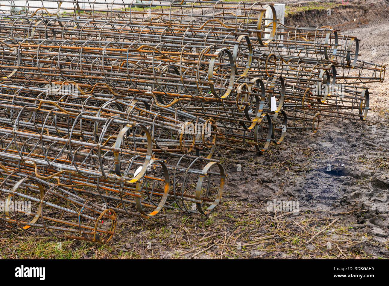 Steel rebar cages prepared for bored pile foundations at a construction ...