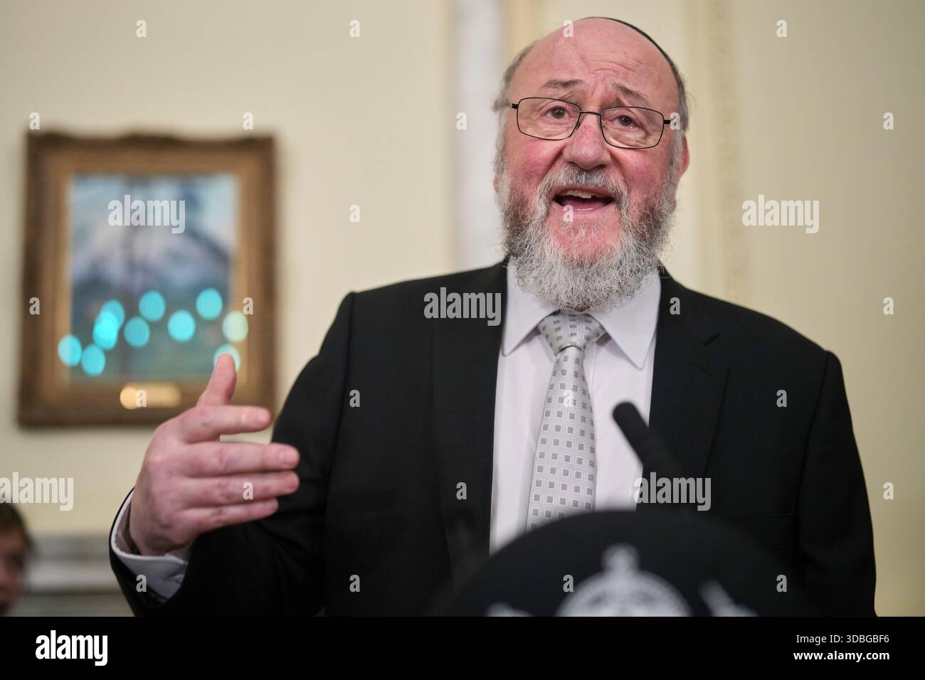Chief Rabbi Ephraim Mirvis speaks as he attends a reception to ...