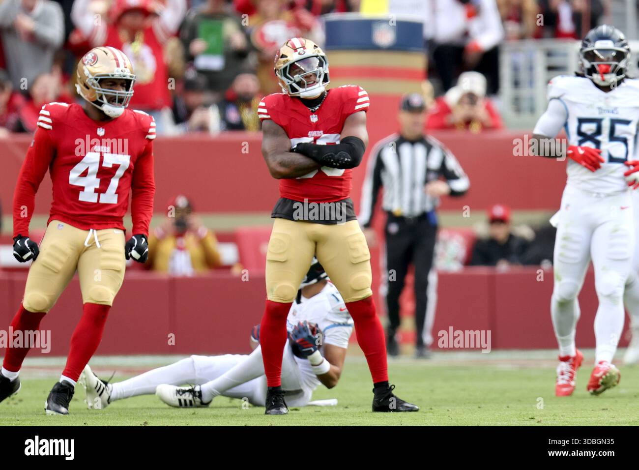 San Francisco 49ers linebacker Dee Winters (53) reacts after a play ...