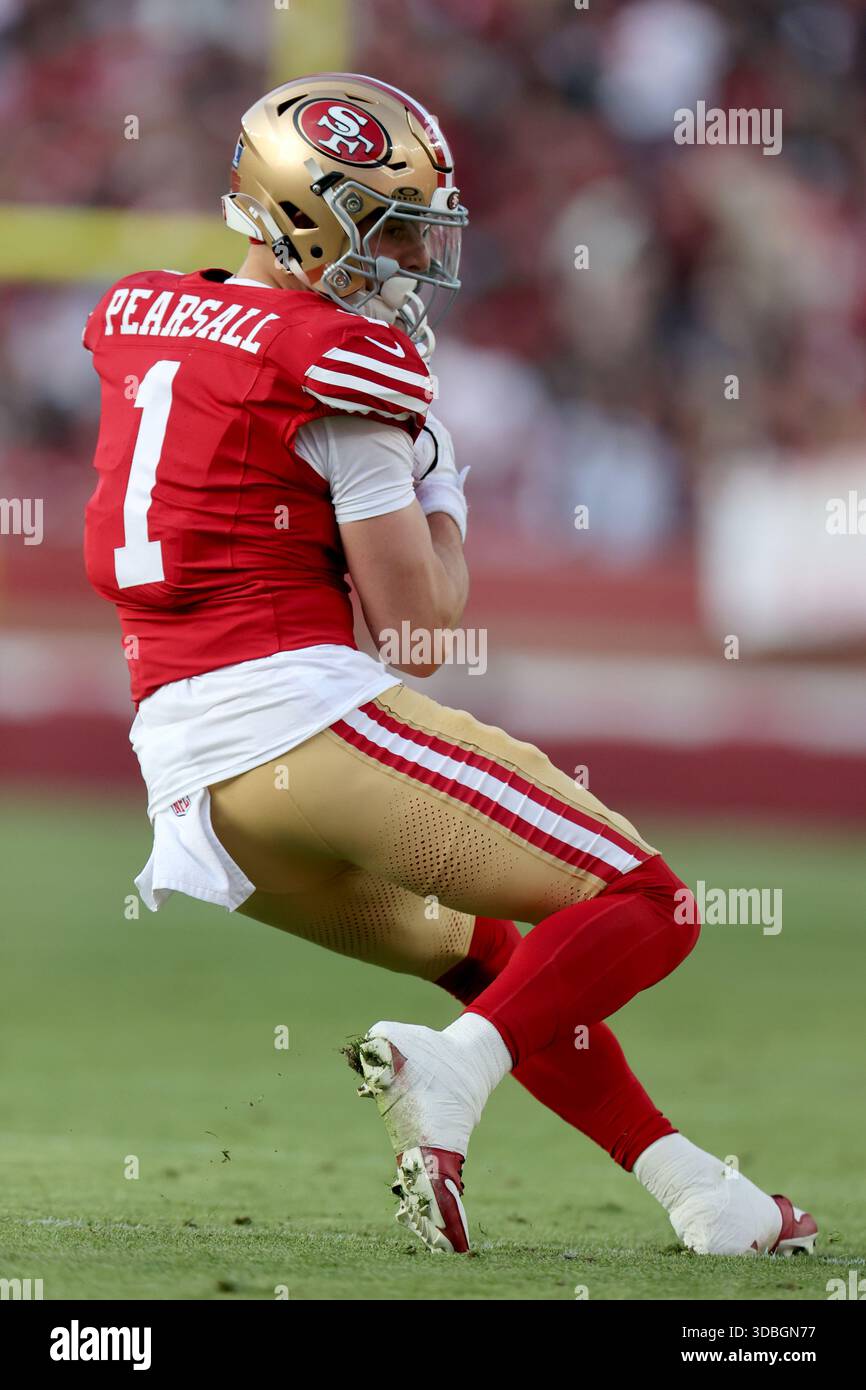 San Francisco 49ers wide receiver Ricky Pearsall (1) runs after a catch ...