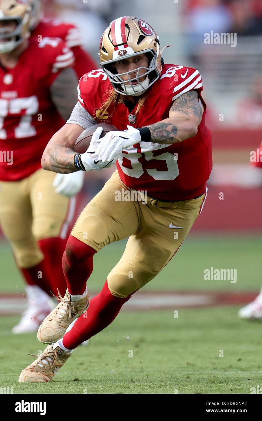 San Francisco 49ers tight end George Kittle (85) runs during an NFL ...