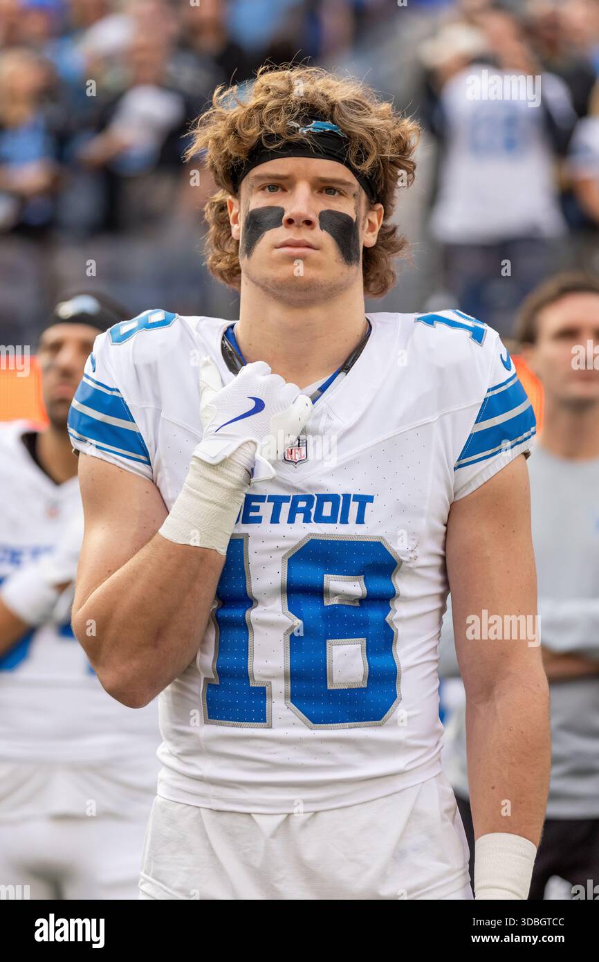Detroit Lions wide receiver Isaac TeSlaa (18) stands for the national ...