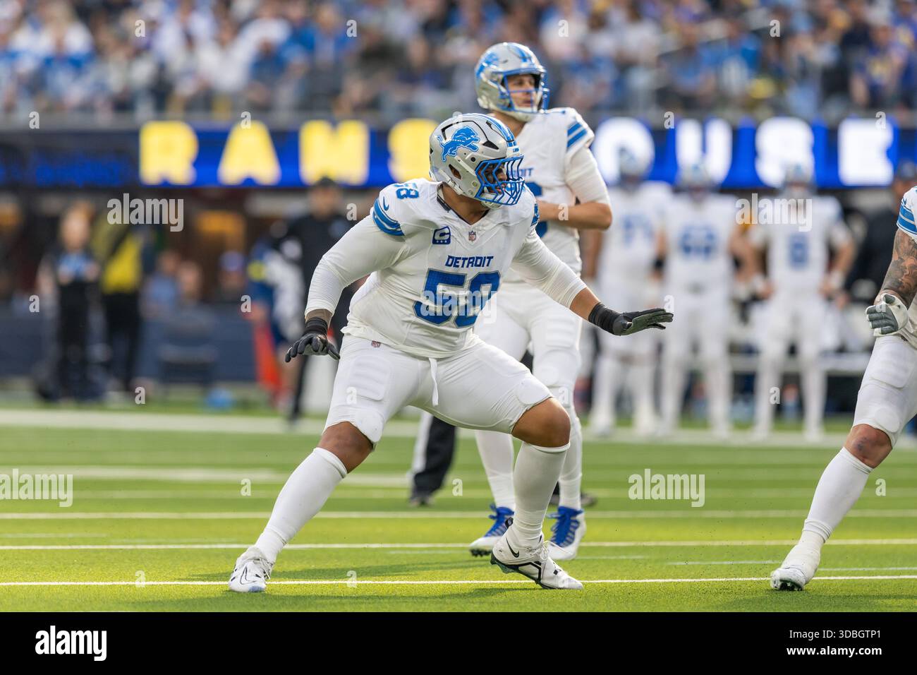 Detroit Lions tackle Penei Sewell (58) blocks against the Los Angeles ...