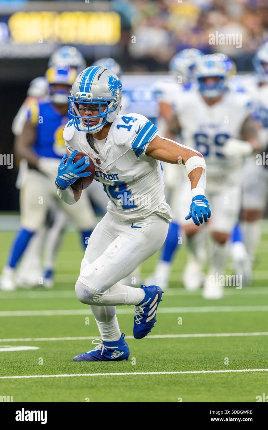 Detroit Lions wide receiver Amon-Ra St. Brown (14) catches a pass and ...