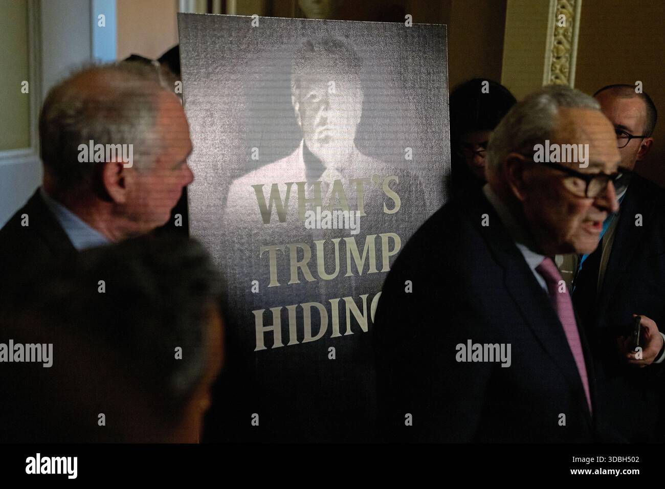 Senate Minority Leader Chuck Schumer, D-N.Y., right, and Sen. Tim Kaine ...