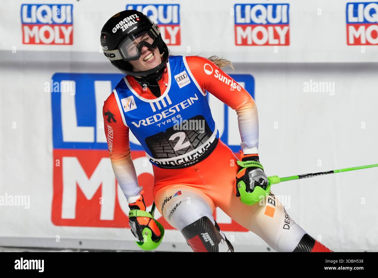 Switzerland's Camille Rast celebrates at the finish area of an alpine ...