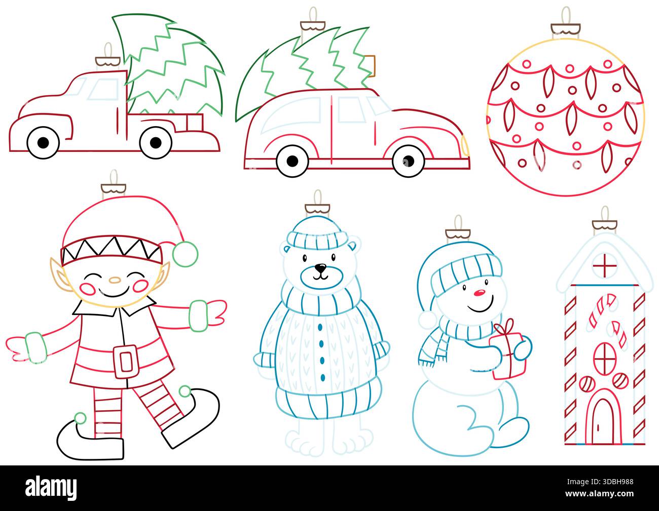 Christmas tree decorations, Christmas ornaments. Set of outline ...
