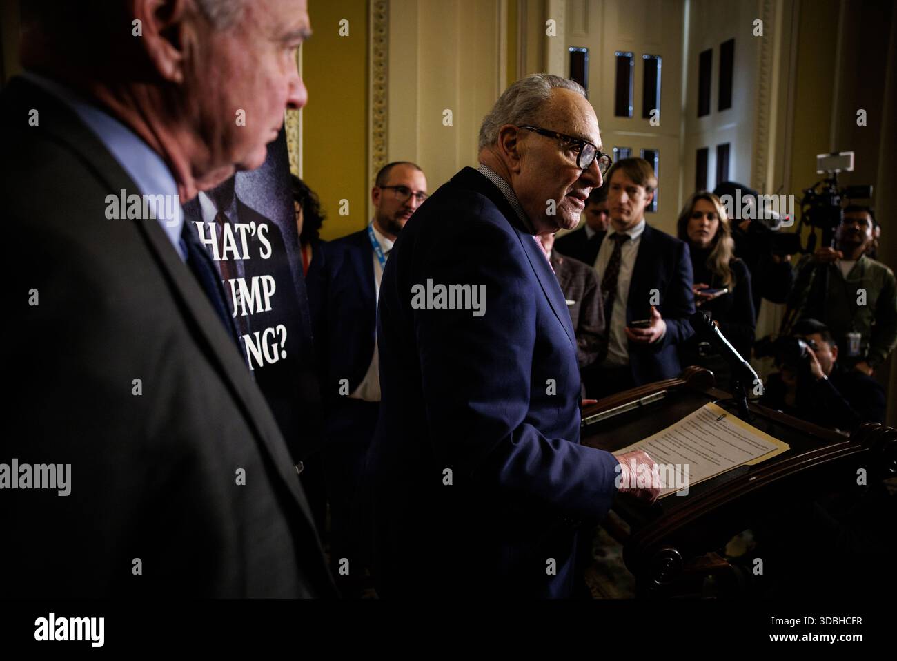 Senate Minority Leader Chuck Schumer (D-NY) speaks during a press ...