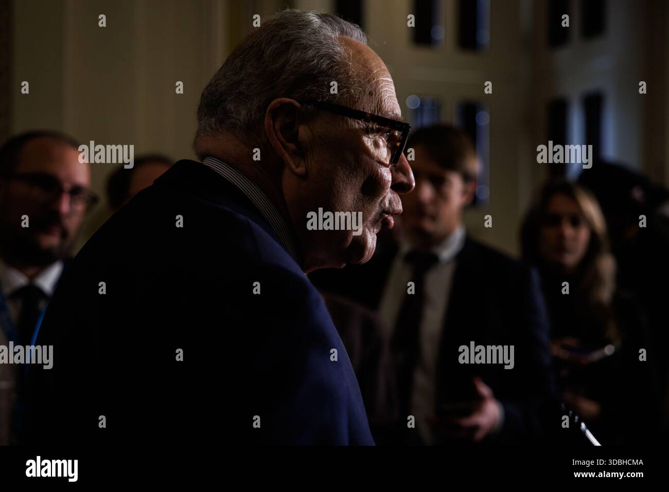 Senate Minority Leader Chuck Schumer (D-NY) speaks during a press ...