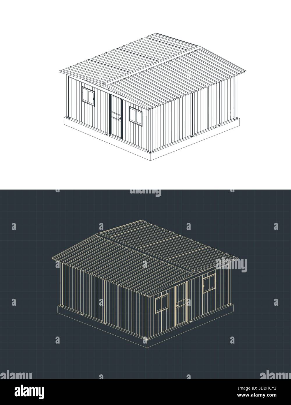Compact modern wooden house isometric drawings stylized vector ...