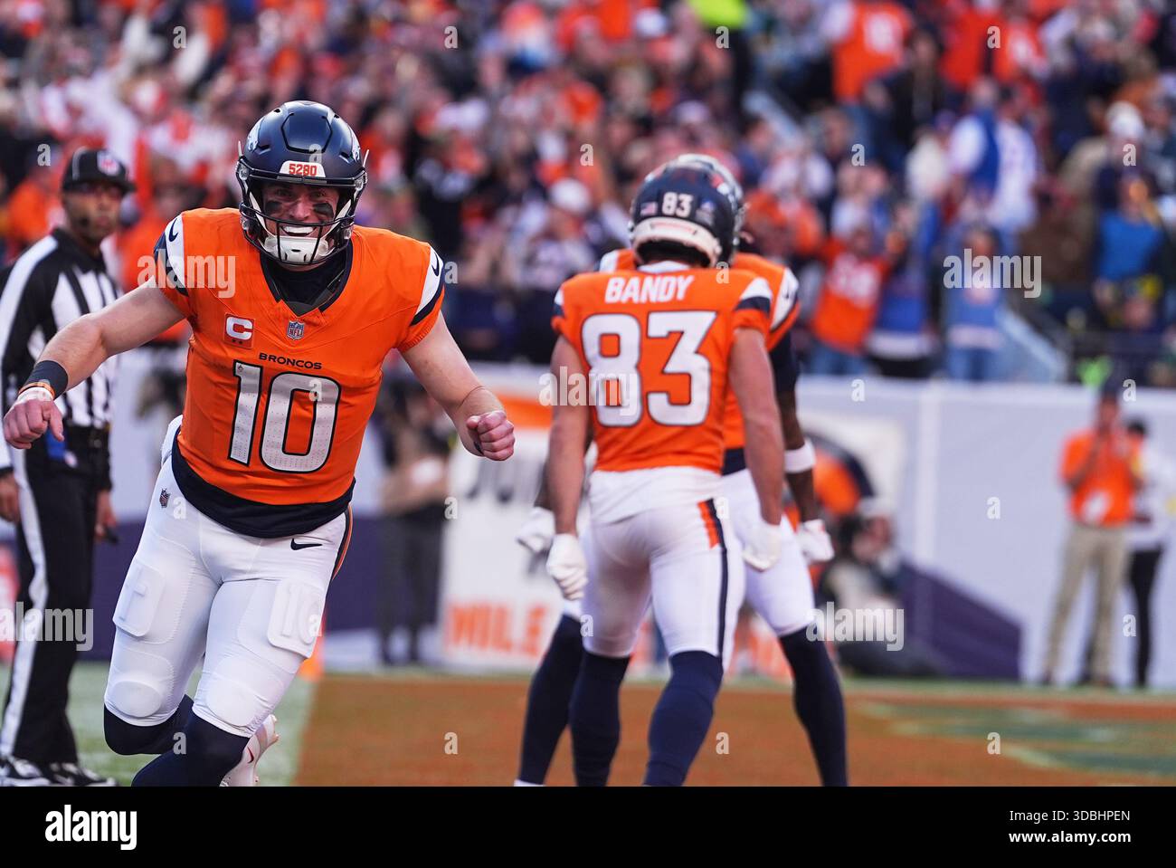 Denver Broncos quarterback Bo Nix (10) celebrates after throwing a ...