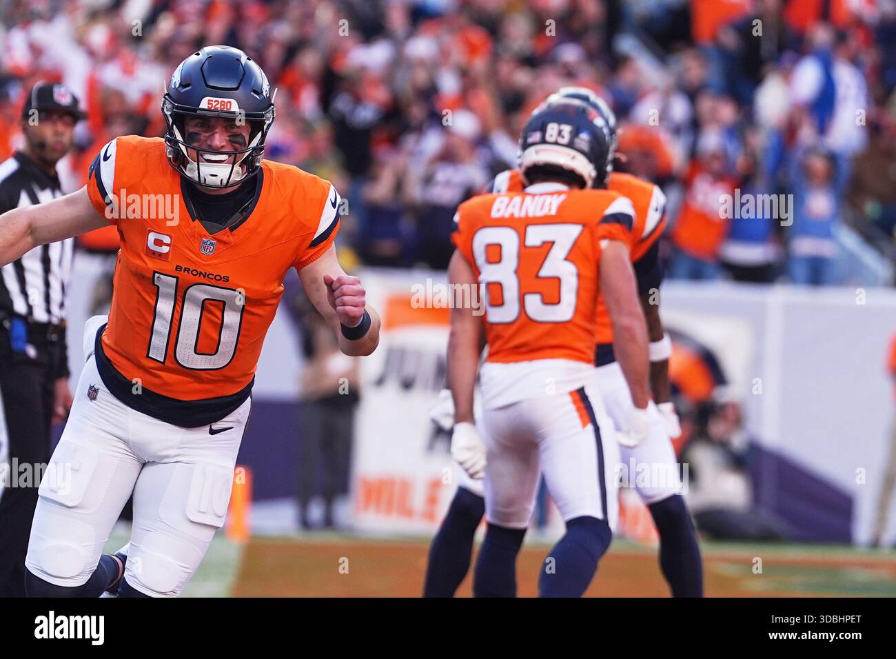 Denver Broncos quarterback Bo Nix (10) celebrates aftr throwing a ...