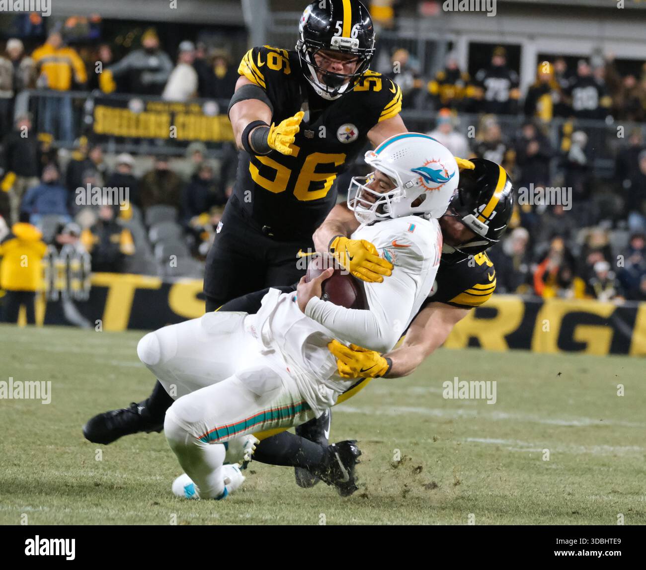 Dec 15, 2025: Tua Tagovailoa #1 sacked during the Pittsburgh Steelers ...