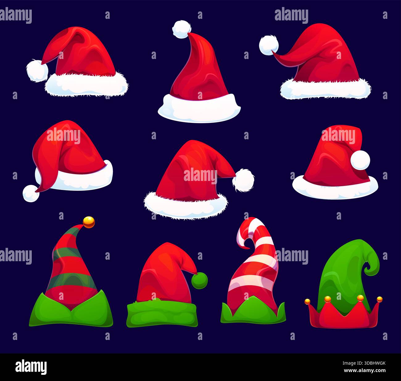Christmas Santa hats and elf caps, vector Xmas winter holiday ...