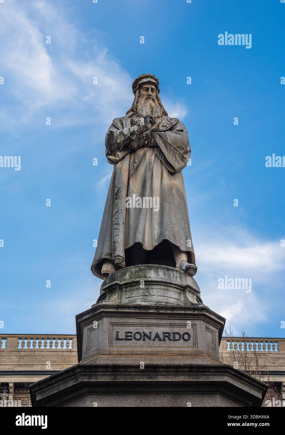 Milan, Italy - December 9, 2025: A tall statue of a historical figure ...