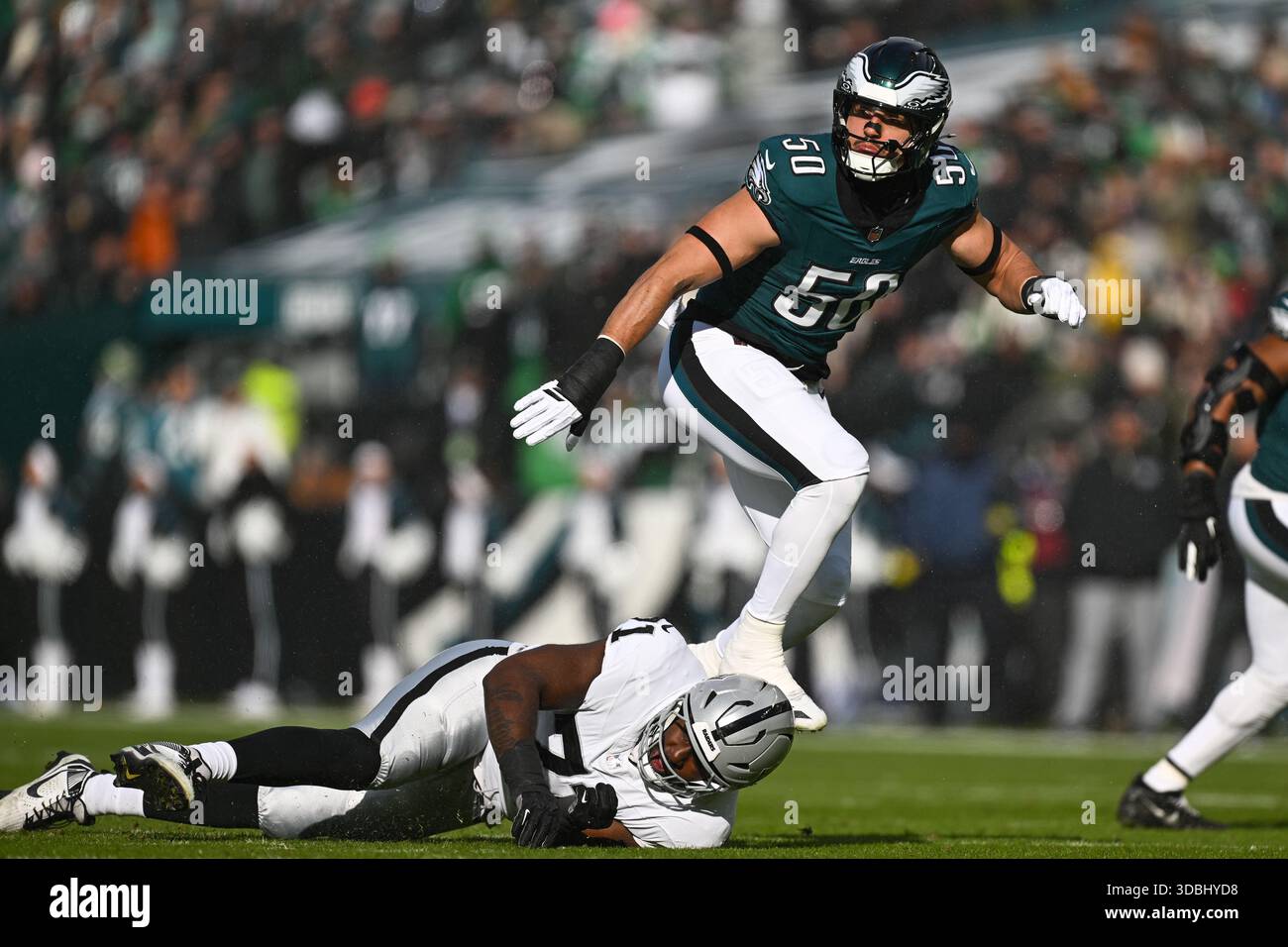 Philadelphia Eagles linebacker Jaelan Phillips (50) in action against Las Vegas Raiders ...