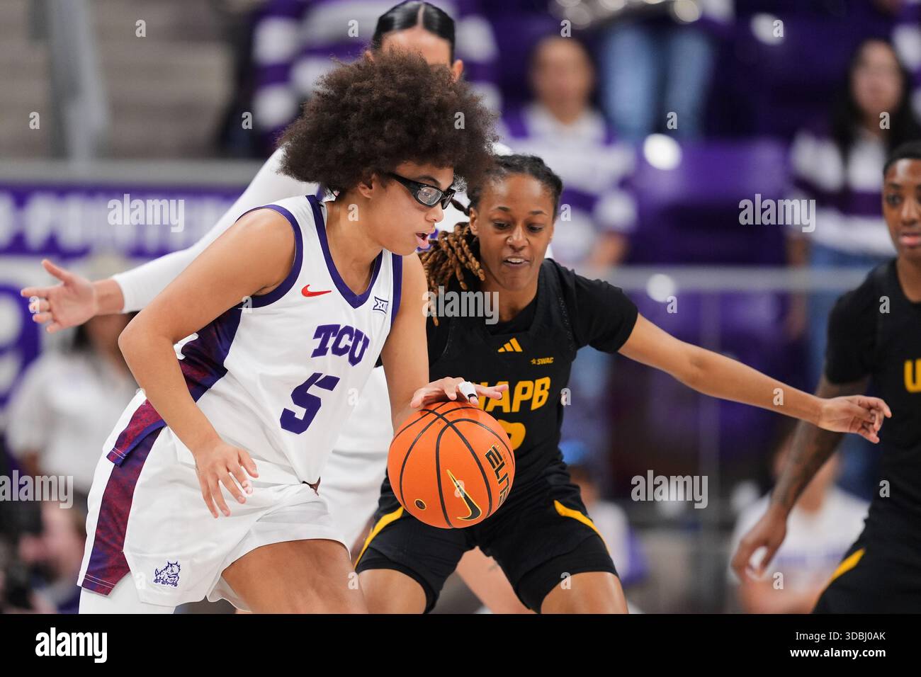 TCU guard Olivia Miles (5) works against Arkansas Pine Bluff guard ...