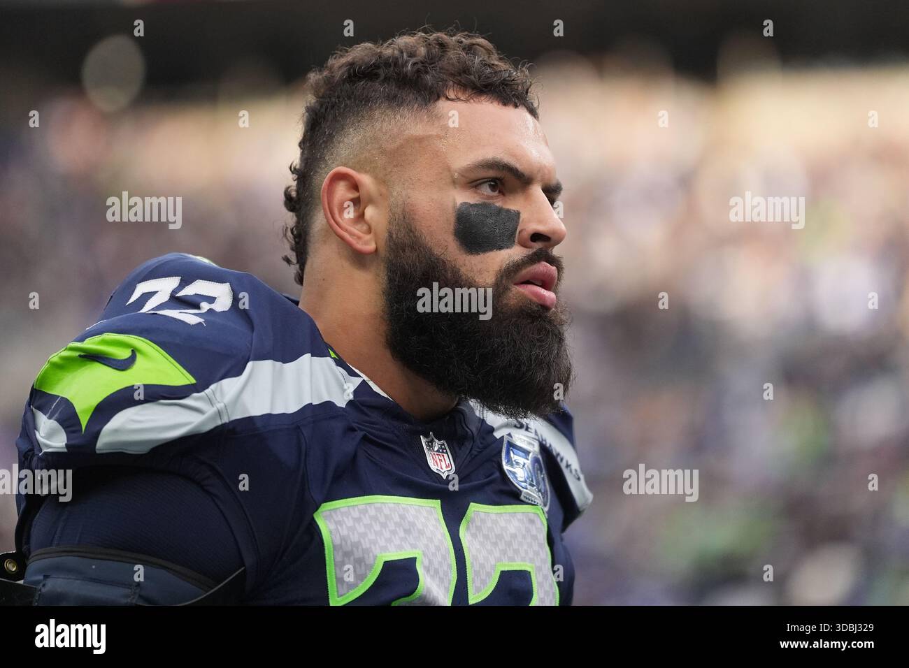 Seattle Seahawks offensive tackle Abraham Lucas (72) walks on the field ...