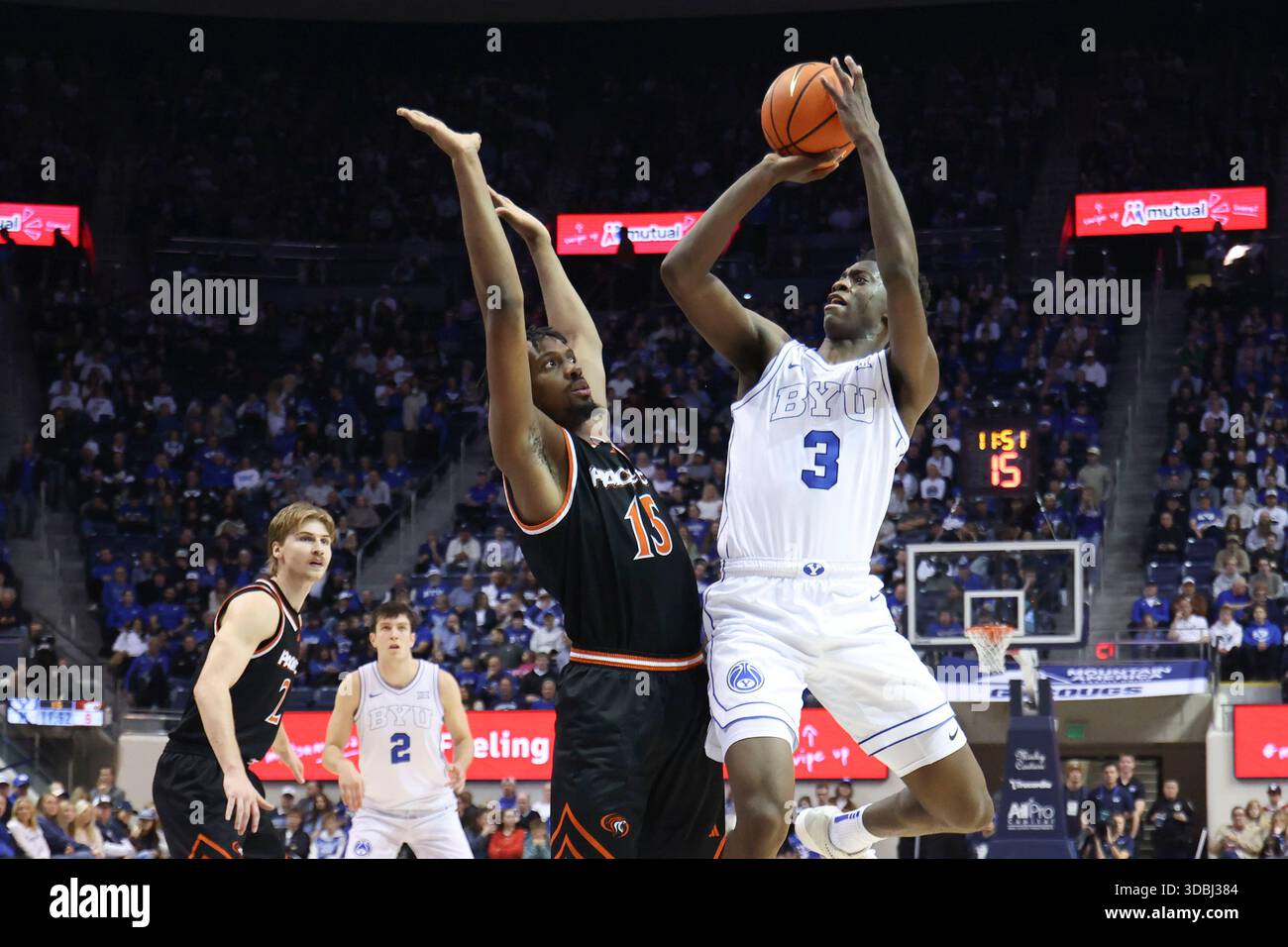 BYU forward AJ Dybantsa (3) shoots against Pacific forward Jaion Pitt ...