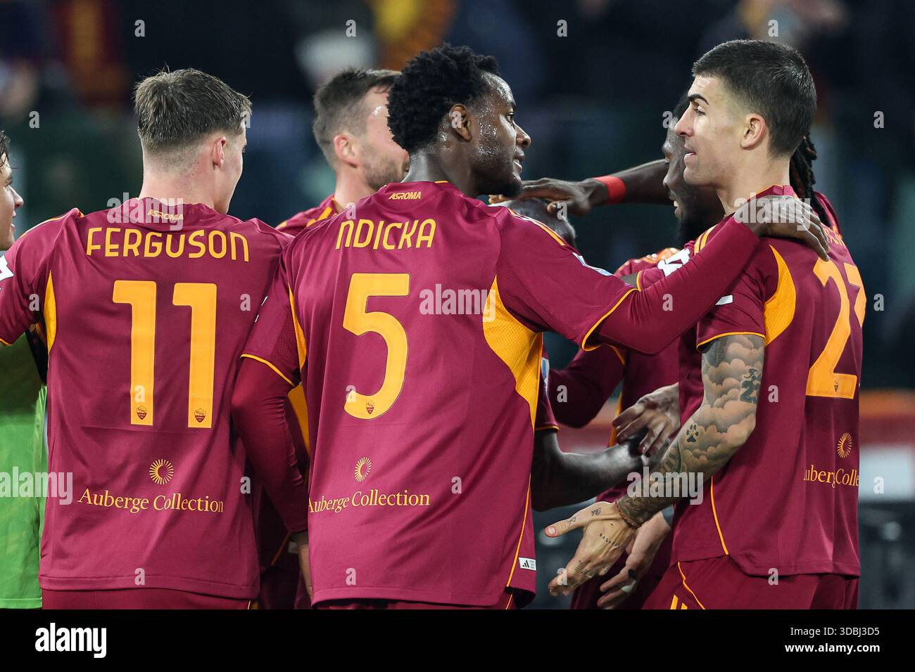 Rome, Italy. 15th Dec, 2025. Evan Ferguson of AS Roma (L), Evan Ndicka ...
