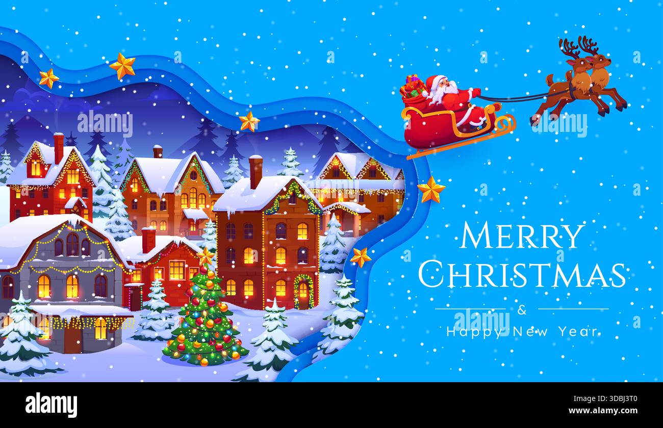 Flying Santa on sleigh on Merry Christmas card Stock Vector Image & Art ...