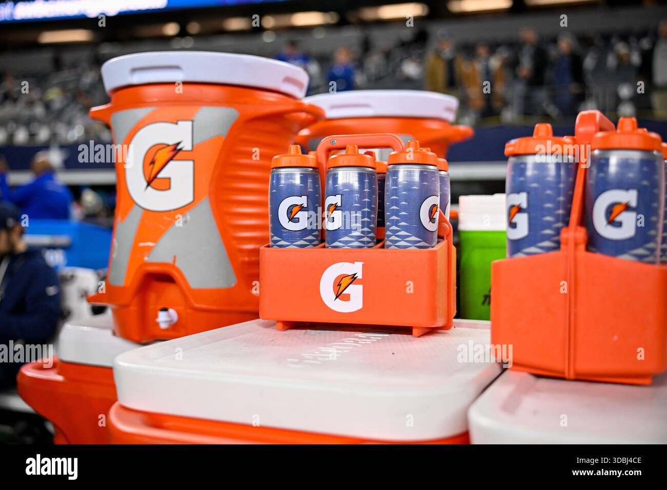 Gatorade bottles and coolers are seen on the sideline before an NFL ...