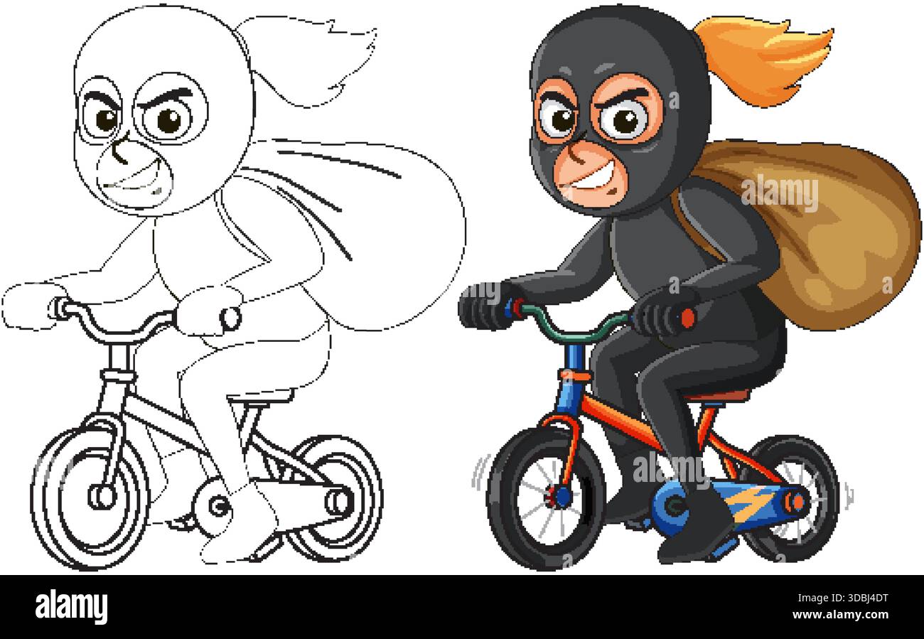 Cartoon female robber in black suit rides bicycle, carrying brown sack ...