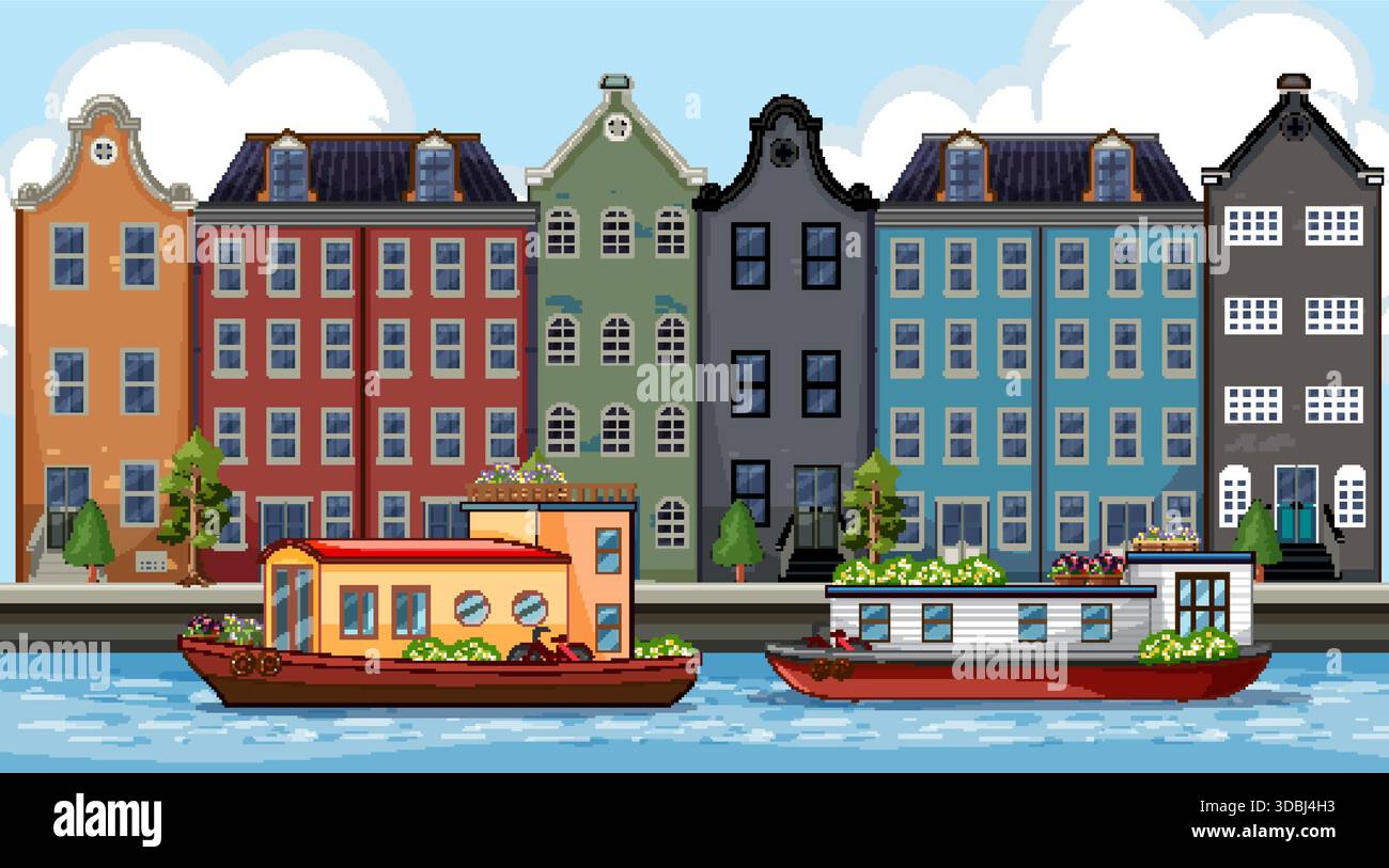 Bright vector illustration of canal houses, houseboats, and waterway in ...