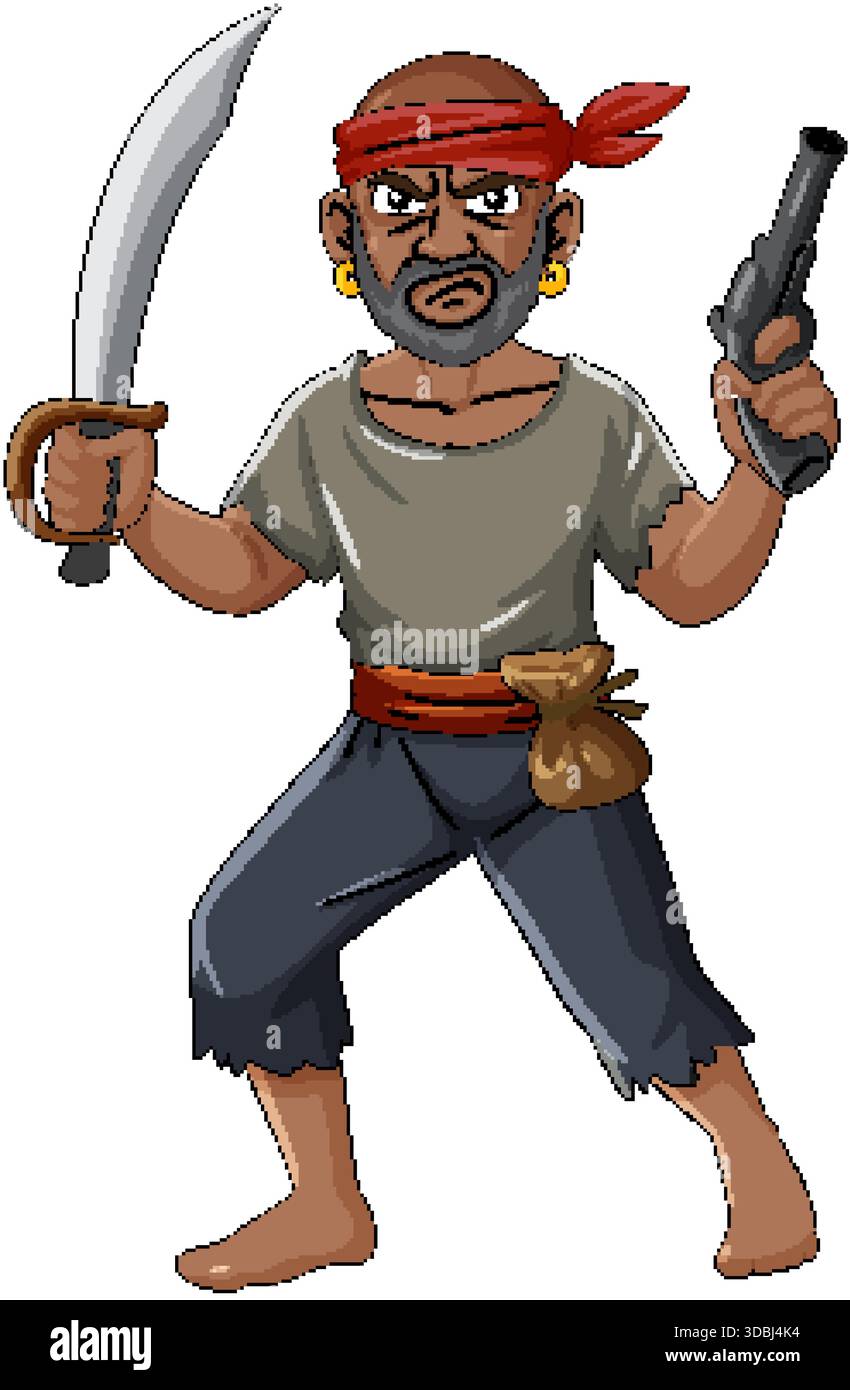 Cartoon pirate with sword and pistol, bold colors, dynamic pose, clean ...