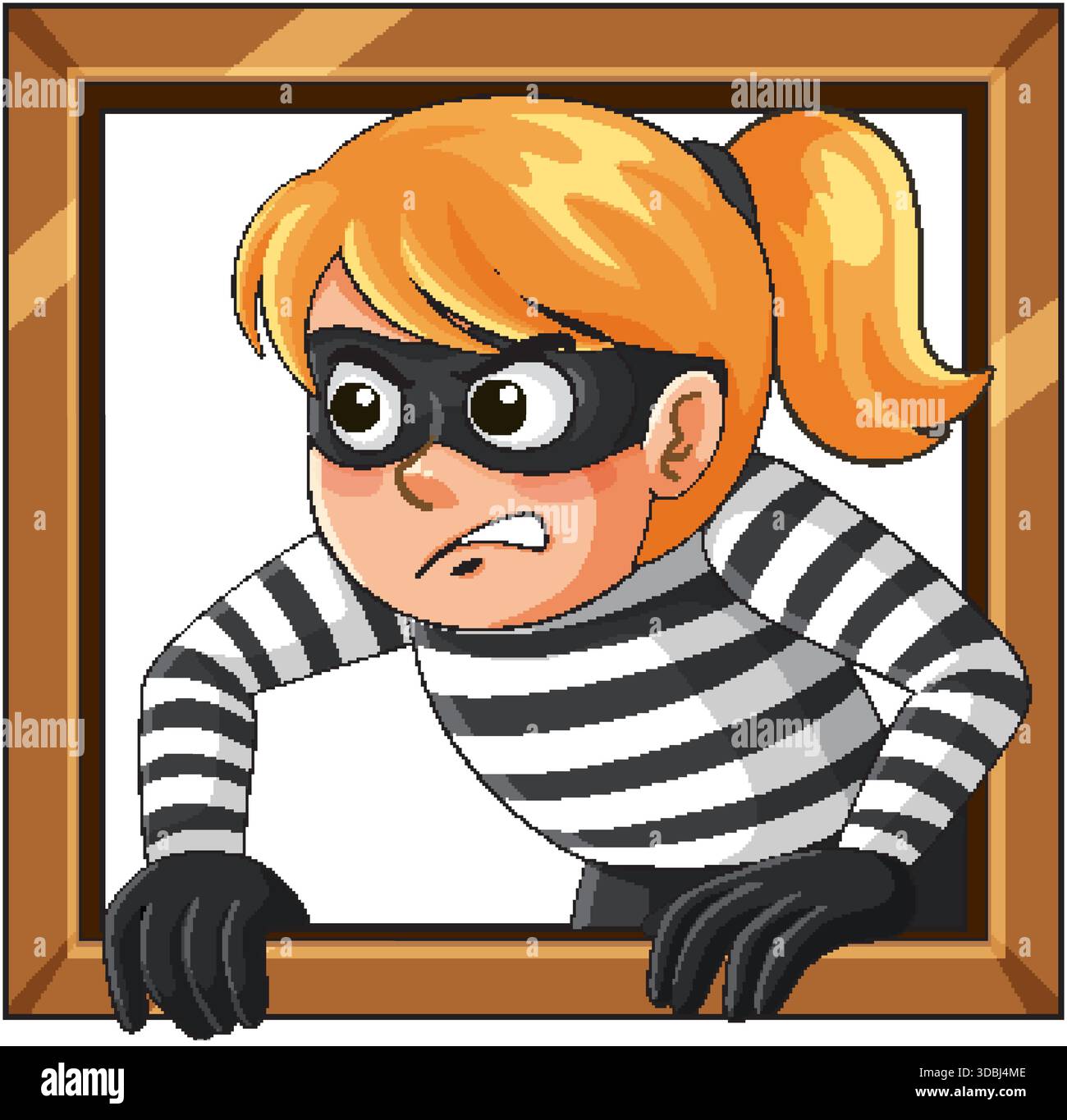Cartoon female burglar in striped shirt and mask climbing through ...