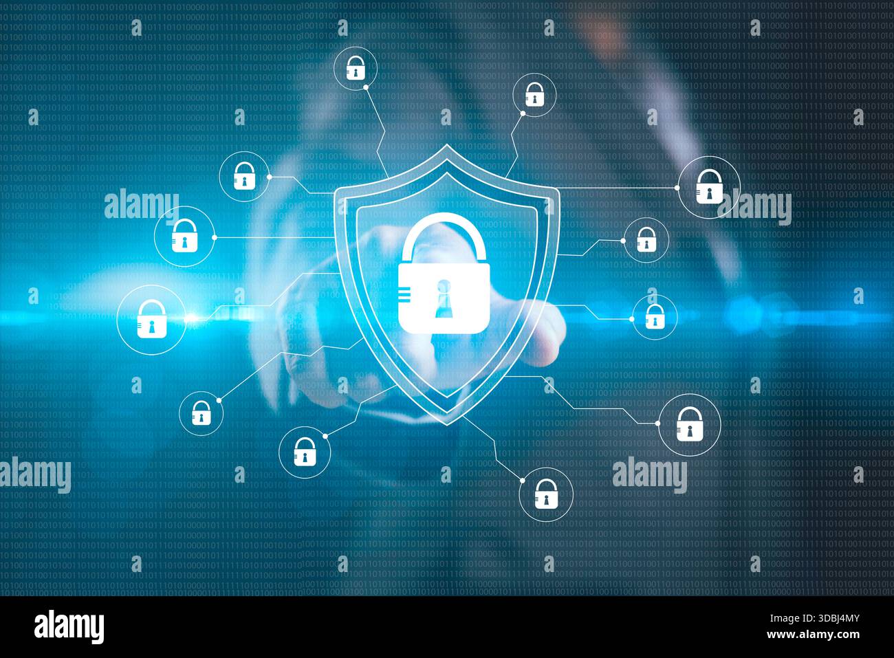 Digital shield lock icon connected across network nodes binary code ...