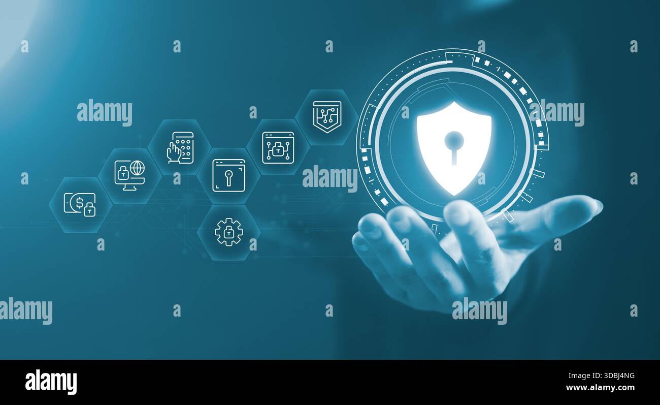 Digital shield, lock icon floating above human hand represent ...
