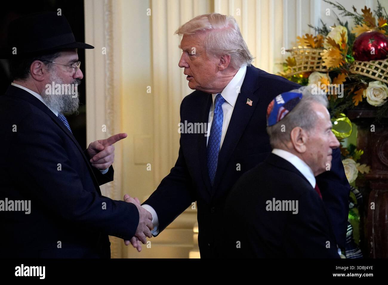 US President Donald Trump welcome Rabbi Levi Shemtov and Holocaust survivor Jerry Wartski during ...