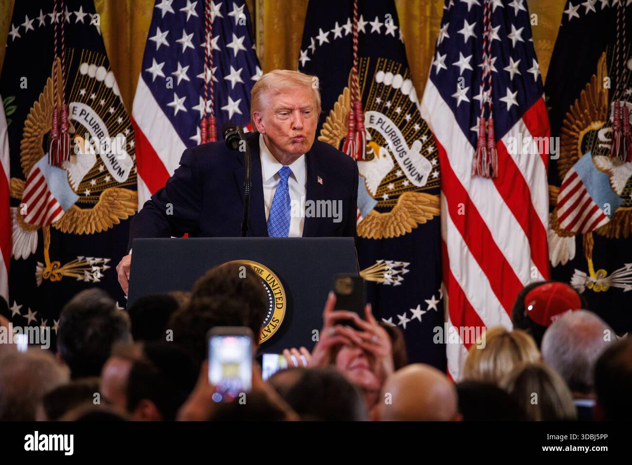 U.S. President Donald Trump speaks during a Hanukkah reception in the ...