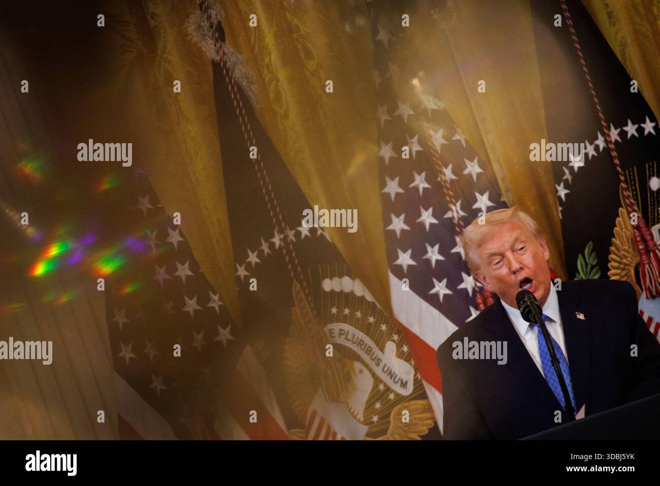U.S. President Donald Trump speaks during a Hanukkah reception in the ...