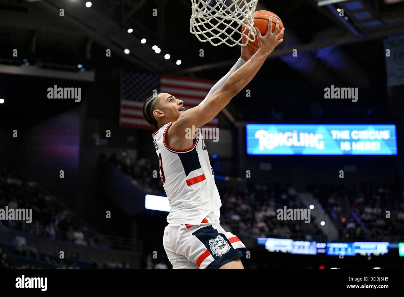 UConn forward Jayden Ross lines up a reverse dunk in the second half of ...